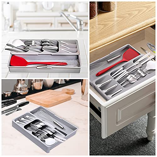 Moi Doi Kitchen Drawer Organizer Silverware Organizer for Kitchen Storage Tray Box for Cutlery Spoon Knife and Fork Partition Storage Gray