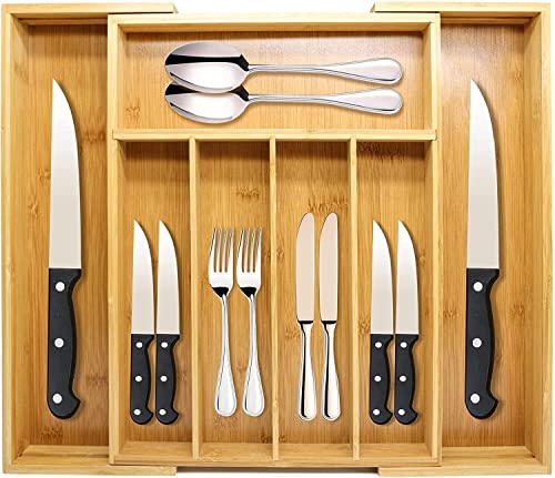 Diosbles Kitchen Bamboo Drawer Utensil Organizer Expandable Silverware Drawer Organizer and Cutlery Tray