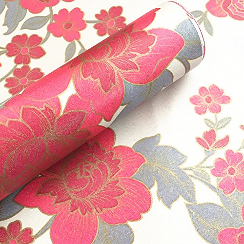 Moyishi Vintage Floral Flower Paper Peel & Stick Shelf Liner Dresser Drawer Sticker 17.7''x78.7'' (Red)