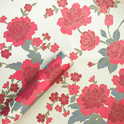 Moyishi Vintage Floral Flower Paper Peel & Stick Shelf Liner Dresser Drawer Sticker 17.7''x78.7'' (Red)