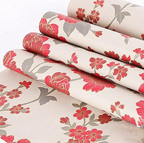 Moyishi Vintage Floral Flower Paper Peel & Stick Shelf Liner Dresser Drawer Sticker 17.7''x78.7'' (Red)