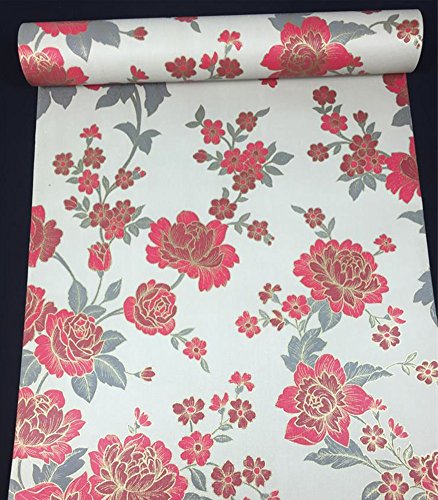 Moyishi Vintage Floral Flower Paper Peel & Stick Shelf Liner Dresser Drawer Sticker 17.7''x78.7'' (Red)