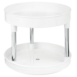 mDesign 2 Tier Lazy Susan Turntable Food Storage Container for Cabinets, Pantry, Fridge, Countertops - Raised Edge, Spinning Organizer for Spices, Condiments - 9" Round - White/Chrome