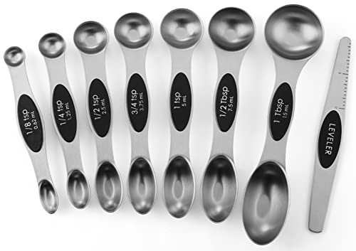 Spring Chef Magnetic Measuring Spoons Set, Dual Sided, Stainless Steel, Fits in Spice Jars, Black, Set of 8