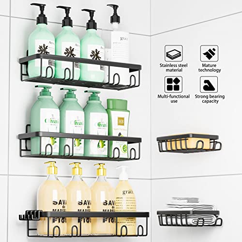 Posyla Shower Caddy, 5 Packs Shower Organizers with 3 Shower Shelves 2 Soap Dishes & 6 Hooks, Stainless Steel Wall Rack basket with Adhesives Mounted for Bathroom Toilet & Kitchen (Black)