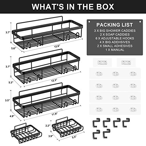 Posyla Shower Caddy, 5 Packs Shower Organizers with 3 Shower Shelves 2 Soap Dishes & 6 Hooks, Stainless Steel Wall Rack basket with Adhesives Mounted for Bathroom Toilet & Kitchen (Black)