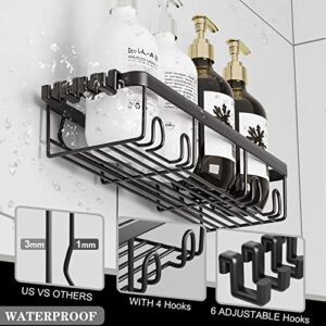 Posyla Shower Caddy, 5 Packs Shower Organizers with 3 Shower Shelves 2 Soap Dishes & 6 Hooks, Stainless Steel Wall Rack basket with Adhesives Mounted for Bathroom Toilet & Kitchen (Black)