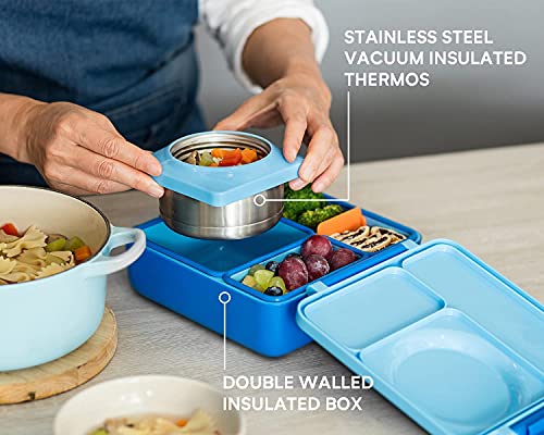 OmieBox Bento Box for Kids - Insulated Lunch Box with Leak Proof Thermos Food Jar - 3 Compartments, Two Temperature Zones (Sky Blue) (Single) (Packaging May Vary)