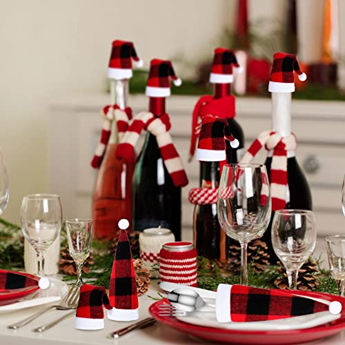 60 Pieces Christmas Santa Hats Silverware Holders Red and Black Plaid Cutlery Holder Christmas Silverware Pouch Holders Christmas Hat Wine Bottle Cover Xmas Party Dinner Table Dinnerware Decorations