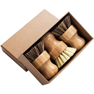 palm pot brush- bamboo round 3 packs mini dish brush natural scrub brush durable scrubber cleaning kit with union fiber and tampico fiber for cleaning pots, pans and vegetables