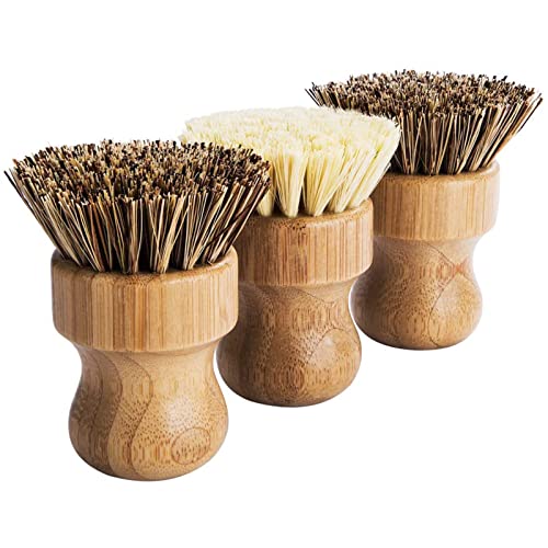 Palm Pot Brush- Bamboo Round 3 Packs Mini Dish Brush Natural Scrub Brush Durable Scrubber Cleaning Kit with Union Fiber and Tampico Fiber for Cleaning Pots, Pans and Vegetables