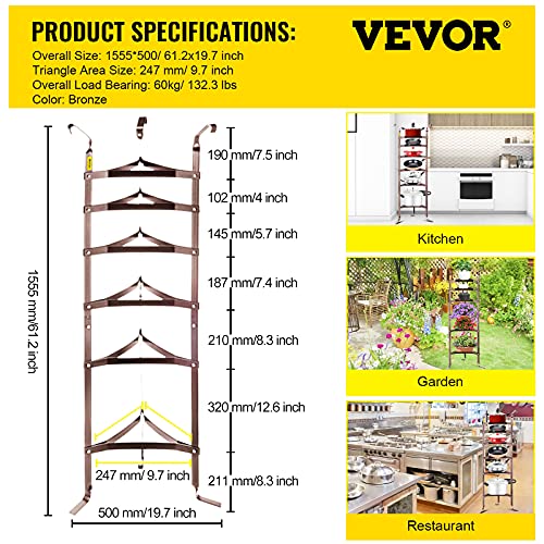 VEVOR 6-Tier Cookware Stand, Carbon Steel Multi-Layer Pot Rack, 61-inch Cookware Shelf, Bronze Cookware Storage Tower, Unassembled Kitchen Corner Shelf Rack for Pans, Pots, Baskets and Kettles Storage