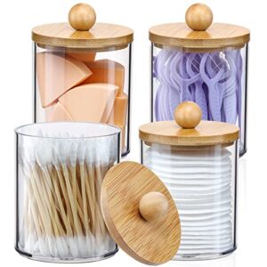 4 pack qtip holder dispenser with bamboo lids – 10 oz clear plastic apothecary jar containers for vanity makeup organizer storage – bathroom accessories set for cotton swab, ball, pads, floss