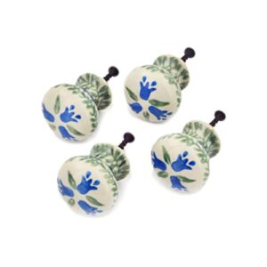 polish pottery set of 4 drawer pull knobs made by ceramika artystyczna (blue tulip theme) + certificate of authenticity