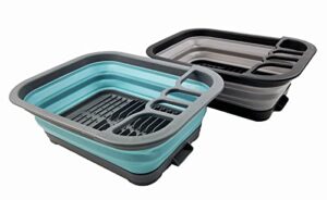 sammart 7.3l (1.9 gallon) collapsible dish drainer with drainer board – foldable drying rack set – portable dinnerware organizer – space saving (alloy grey + crystal blue (set of 2))