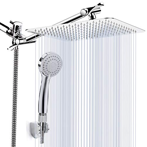 kaqinu Shower Head , 8 Inch High Pressure Rainfall Shower Head / Handheld Showerhead Combo with 11 Inch Extension Arm, Anti-leak Shower Head with Holder/ Hose, Flow Regulator, Chrome