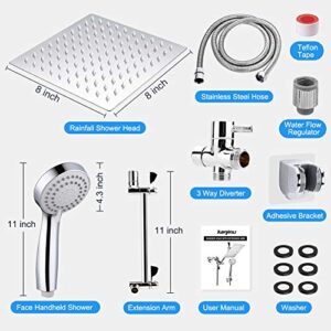 kaqinu Shower Head , 8 Inch High Pressure Rainfall Shower Head / Handheld Showerhead Combo with 11 Inch Extension Arm, Anti-leak Shower Head with Holder/ Hose, Flow Regulator, Chrome