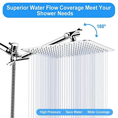 kaqinu Shower Head , 8 Inch High Pressure Rainfall Shower Head / Handheld Showerhead Combo with 11 Inch Extension Arm, Anti-leak Shower Head with Holder/ Hose, Flow Regulator, Chrome