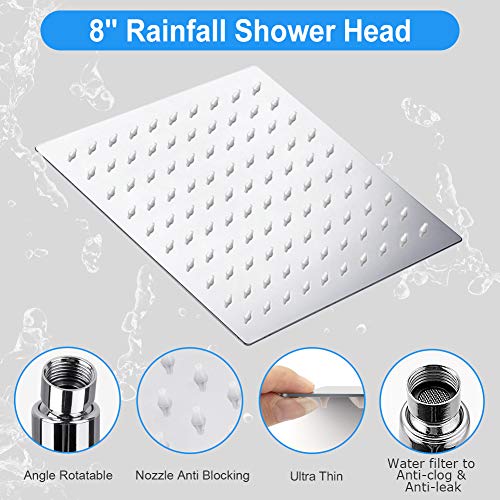 kaqinu Shower Head , 8 Inch High Pressure Rainfall Shower Head / Handheld Showerhead Combo with 11 Inch Extension Arm, Anti-leak Shower Head with Holder/ Hose, Flow Regulator, Chrome