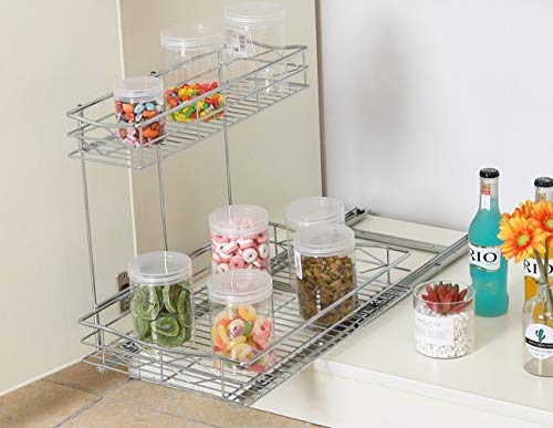 TQVAI Pull Out Under Sink Cabinet Organizer 2 Tier Slide Wire Shelf Basket - 11.49W x 17D x 14H - Request at Least 12 inch Cabinet Opening