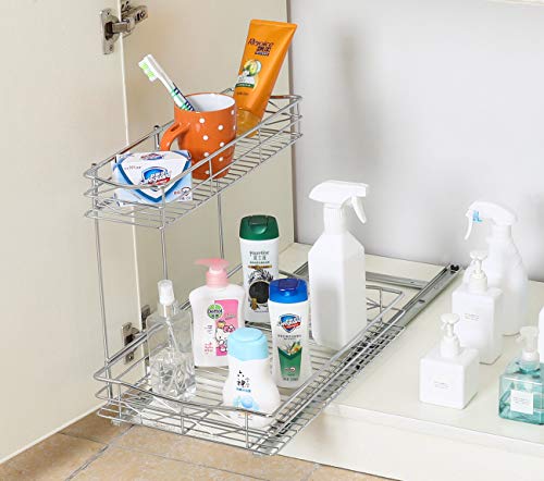 TQVAI Pull Out Under Sink Cabinet Organizer 2 Tier Slide Wire Shelf Basket - 11.49W x 17D x 14H - Request at Least 12 inch Cabinet Opening