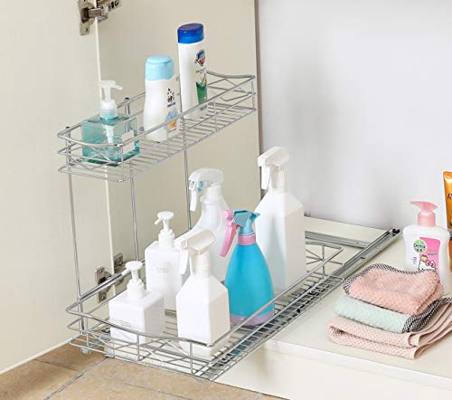 TQVAI Pull Out Under Sink Cabinet Organizer 2 Tier Slide Wire Shelf Basket - 11.49W x 17D x 14H - Request at Least 12 inch Cabinet Opening