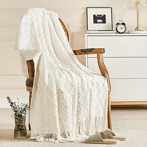 inhand knitted throw blankets for couch and bed, soft cozy knit blanket with tassel, off white lightweight decorative blankets and throws, farmhouse warm woven blanket for men and women, 50″x60″