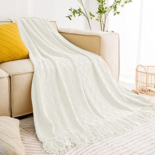 inhand Knitted Throw Blankets for Couch and Bed, Soft Cozy Knit Blanket with Tassel, Off White Lightweight Decorative Blankets and Throws, Farmhouse Warm Woven Blanket for Men and Women, 50"x60"