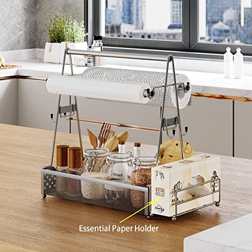 Silverware Caddy,Utensil Cutlery Caddy with 4 Compartments,BBQ Tools Utensil Storage Caddy with Napkin Holder and 4 Hooks,Mesh Flatware Organizer for Outdoor Camping,Party,Restaurant and Kitchen