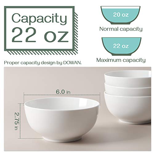 DOWAN Ceramic Soup Bowls, Cereal Bowl, 22 Ounce Bowls Set, Chip Resistant, Dishwasher & Microwave Safe, Porcelain Bowls for Kitchen, White Bowls for Cereal Soup Rice Pasta Salad Oatmeal, Set of 4