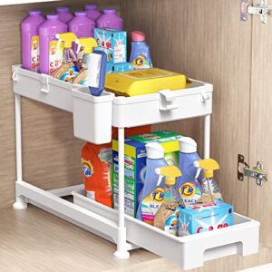 spacekeeper under sink organizer, sliding cabinet basket organizer 2 tier under bathroom storage rack with hooks, hanging cup, dividers, multi-purpose storage shelf for bathroom kitchen, white