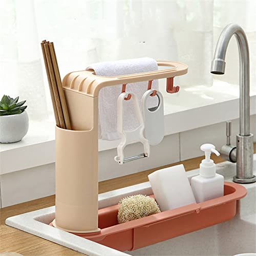 Telescopic Sink Holder, Adjustable Expandable Storage Drain Basket Rack, Sink Organizer Tray Sponge Soap Holder, Dish Cloth Hanger for Kitchen (Red-Peach)