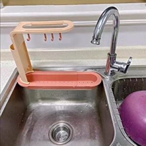 Telescopic Sink Holder, Adjustable Expandable Storage Drain Basket Rack, Sink Organizer Tray Sponge Soap Holder, Dish Cloth Hanger for Kitchen (Red-Peach)