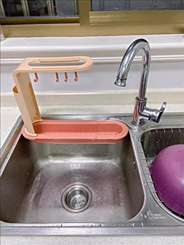 Telescopic Sink Holder, Adjustable Expandable Storage Drain Basket Rack, Sink Organizer Tray Sponge Soap Holder, Dish Cloth Hanger for Kitchen (Red-Peach)