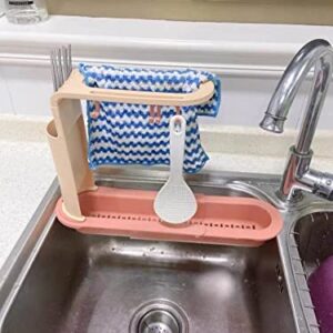 Telescopic Sink Holder, Adjustable Expandable Storage Drain Basket Rack, Sink Organizer Tray Sponge Soap Holder, Dish Cloth Hanger for Kitchen (Red-Peach)