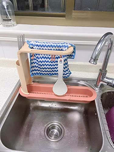 Telescopic Sink Holder, Adjustable Expandable Storage Drain Basket Rack, Sink Organizer Tray Sponge Soap Holder, Dish Cloth Hanger for Kitchen (Red-Peach)