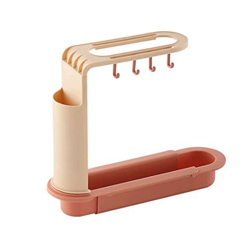 Telescopic Sink Holder, Adjustable Expandable Storage Drain Basket Rack, Sink Organizer Tray Sponge Soap Holder, Dish Cloth Hanger for Kitchen (Red-Peach)