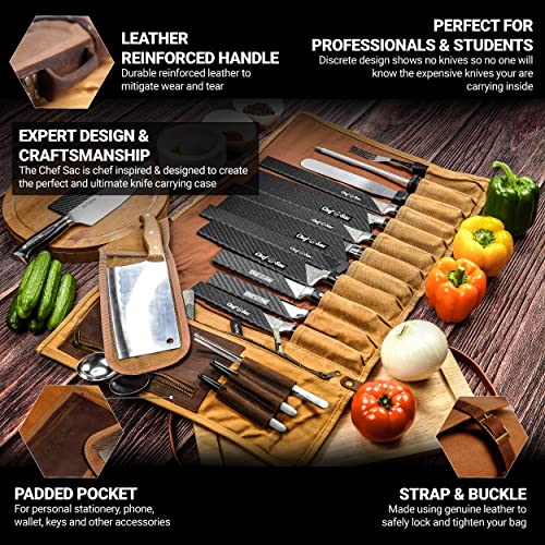 Chef Knife Roll Bag | 16oz ULTRA Wax Canvas & Top Grain Leather | 22 Slots & 4 Zipper Pouch | Double Stitch | Water-Resistant | Cleaver Pouch | Knife Organizer for Chefs and Culinary Students