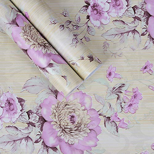 PoetryHome Self Adhesive Vinyl Purple Peony Contact Paper Shelf Liner Cabinets Dresser Drawer Liner Peel and Stick Vintage Floral Wallpaper Roll 17.7x117 Inches