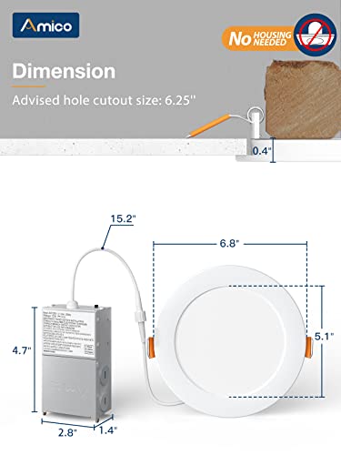 Amico 12 Pack 6 Inch 5CCT Ultra-Thin LED Recessed Ceiling Light with Junction Box, 2700K/3000K/3500K/4000K/5000K Selectable, 12W Eqv 110W, Dimmable Canless Wafer Downlight, 1050LM High Brightness -ETL