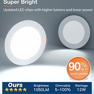 Amico 12 Pack 6 Inch 5CCT Ultra-Thin LED Recessed Ceiling Light with Junction Box, 2700K/3000K/3500K/4000K/5000K Selectable, 12W Eqv 110W, Dimmable Canless Wafer Downlight, 1050LM High Brightness -ETL