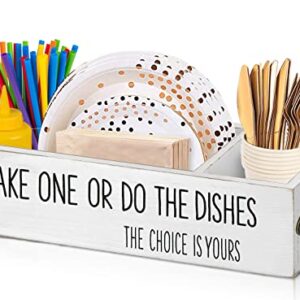 Kitchen Countertop Paper Plate Organizer Utensil Caddy, Wooden Paper Plate Holder with Handle, Utensil Caddy Holder for Cup Fork Knives Napkin Condiment, Silverware Caddy for Party Camping BBQ