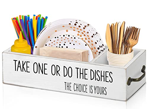 Kitchen Countertop Paper Plate Organizer Utensil Caddy, Wooden Paper Plate Holder with Handle, Utensil Caddy Holder for Cup Fork Knives Napkin Condiment, Silverware Caddy for Party Camping BBQ