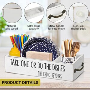 Kitchen Countertop Paper Plate Organizer Utensil Caddy, Wooden Paper Plate Holder with Handle, Utensil Caddy Holder for Cup Fork Knives Napkin Condiment, Silverware Caddy for Party Camping BBQ