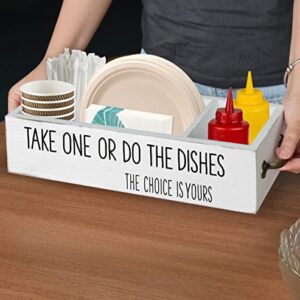 Kitchen Countertop Paper Plate Organizer Utensil Caddy, Wooden Paper Plate Holder with Handle, Utensil Caddy Holder for Cup Fork Knives Napkin Condiment, Silverware Caddy for Party Camping BBQ