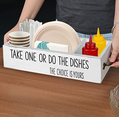 Kitchen Countertop Paper Plate Organizer Utensil Caddy, Wooden Paper Plate Holder with Handle, Utensil Caddy Holder for Cup Fork Knives Napkin Condiment, Silverware Caddy for Party Camping BBQ