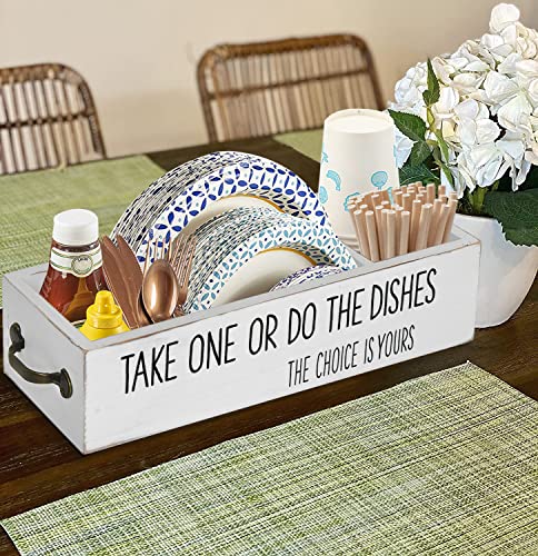 Kitchen Countertop Paper Plate Organizer Utensil Caddy, Wooden Paper Plate Holder with Handle, Utensil Caddy Holder for Cup Fork Knives Napkin Condiment, Silverware Caddy for Party Camping BBQ