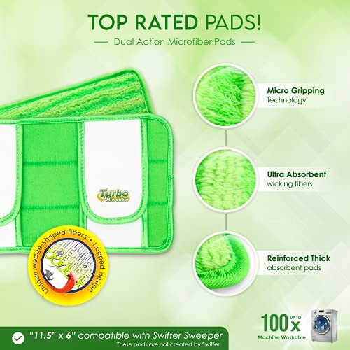 Reusable Pads Compatible with Swiffer Sweeper Mops - Washable Microfiber Mop Pad Refills by Turbo - 12 Inch Floor Cleaning Mop Head Pads Work Wet and Dry - 2 Pack