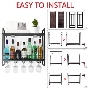 LED Wine Rack Wall Mounted , Wine Bottle Stemware Rack, 23.6In Rustic Metal Hanging Wine Holder with 5 Stem Glass Holders for Wine Glasses, 16 RGB Dimmable Colors with Remote Control (23.6 in)