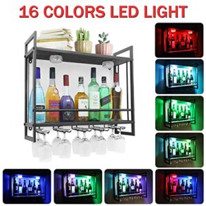 LED Wine Rack Wall Mounted , Wine Bottle Stemware Rack, 23.6In Rustic Metal Hanging Wine Holder with 5 Stem Glass Holders for Wine Glasses, 16 RGB Dimmable Colors with Remote Control (23.6 in)